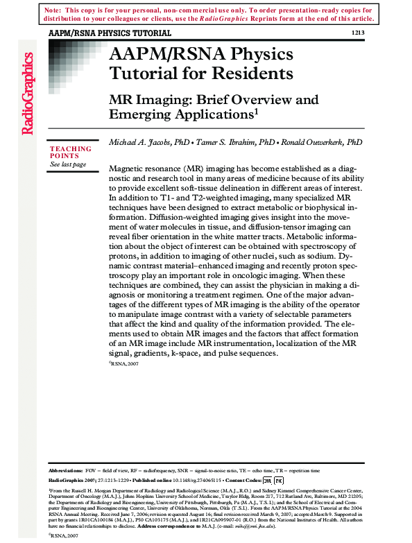 (PDF) AAPM/RSNA physics tutorial for residents : MR imaging: brief ...