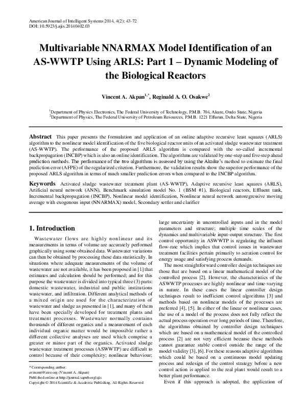 (PDF) Multivariable NNARMAX Model Identification of an AS-WWTP Using ARLS: Part 1 – Dynamic ...
