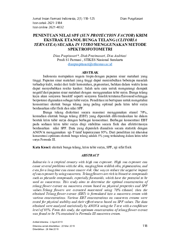 (PDF) Penentuan Nilai SPF (Sun Protection Factor) Krim Ekstrak Etanol Bunga Telang (Clitoria ...