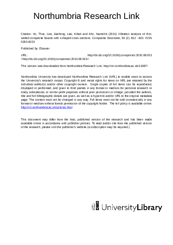 Pdf Vibration Analysis Of Thin Walled Composite Beams With I Shaped Cross Sections