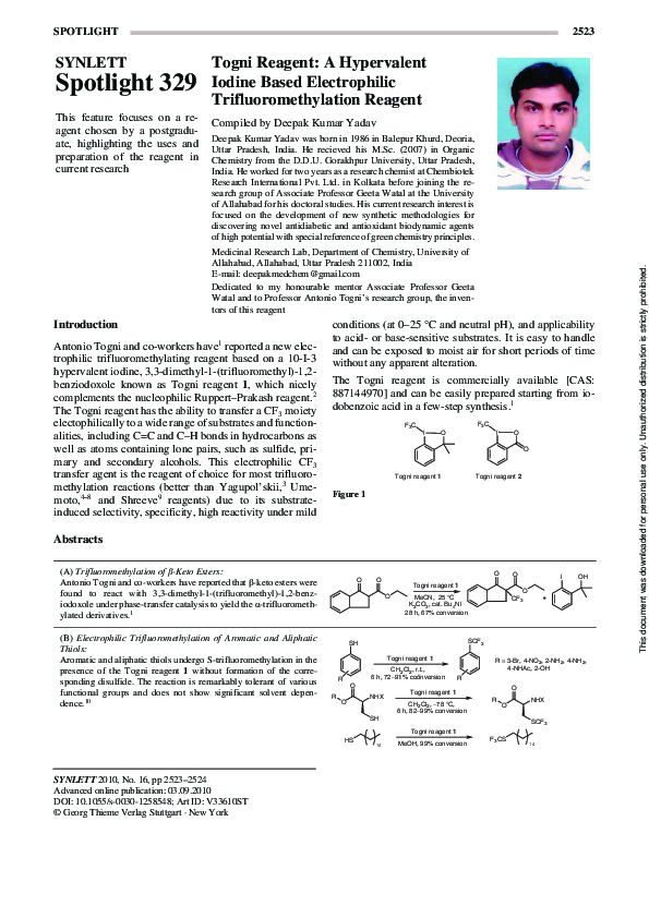 (PDF) Togni Reagent: A Hypervalent IodineBased Electrophilic ...
