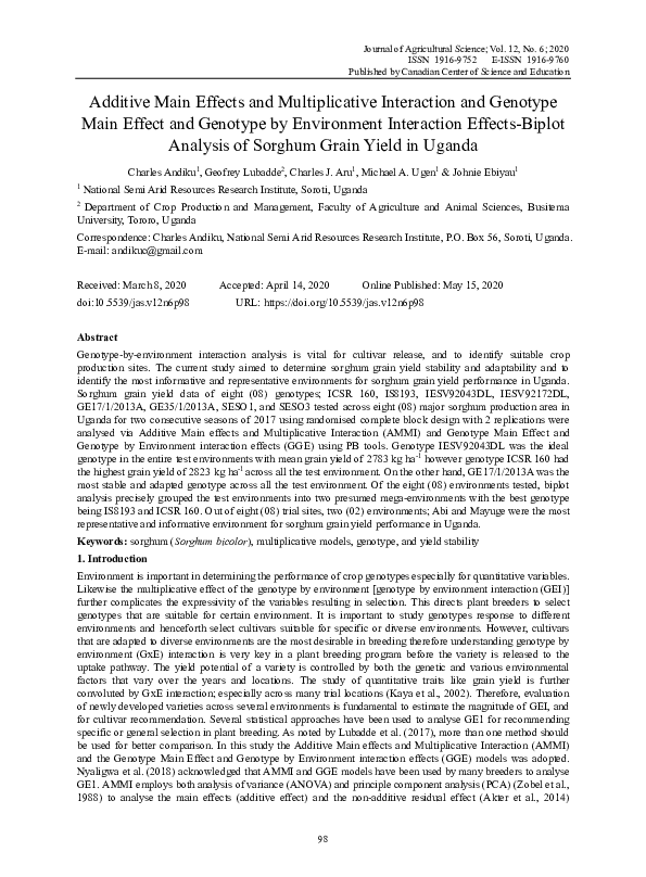 (PDF) Additive Main Effects and Multiplicative Interaction and Genotype Main Effect and Genotype ...