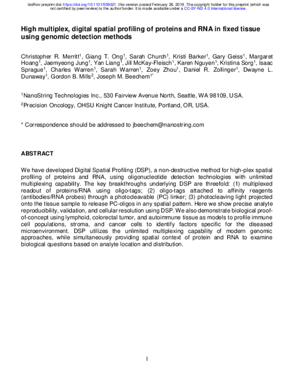 Pdf High Multiplex Digital Spatial Profiling Of Proteins And Rna In