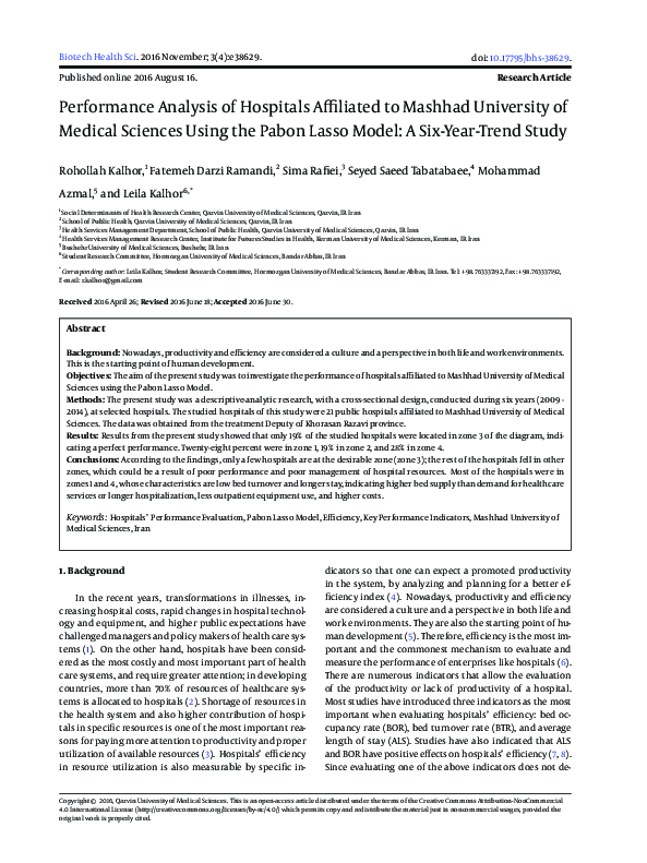 (PDF) Performance Analysis of Hospitals Affiliated to Mashhad ...