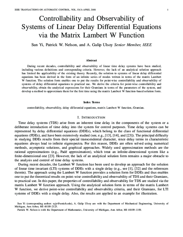 Pdf Controllability And Observability Of Systems Of Linear Delay