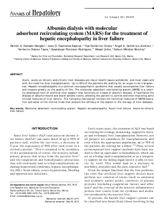(PDF) Albumin dialysis with molecular adsorbent recirculating system ...