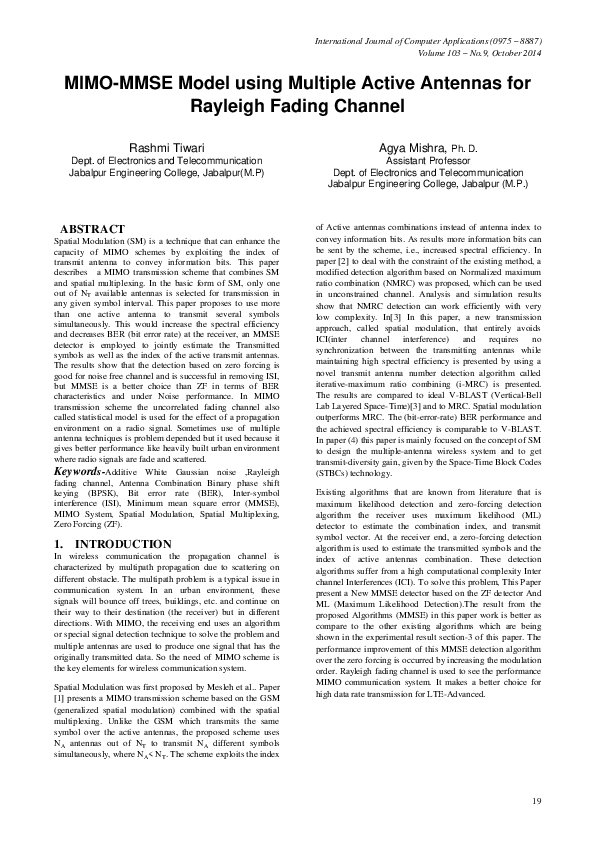 (PDF) MIMO-MMSE Model using Multiple Active Antennas for Rayleigh Fading Channel
