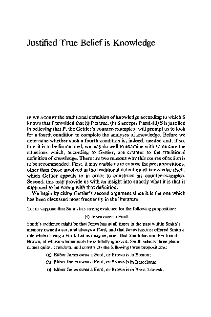 (PDF) Justified True Belief Is Knowledge