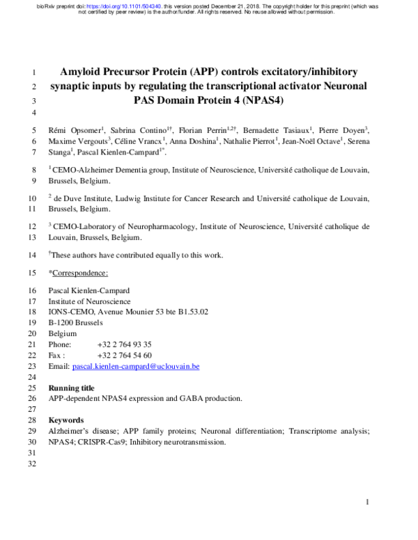 (PDF) Amyloid Precursor Protein (APP) controls excitatory/inhibitory ...