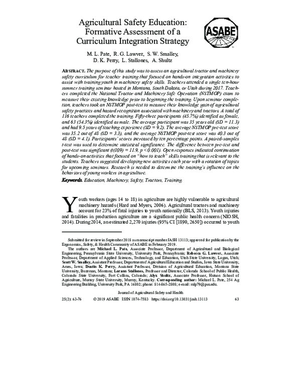 (PDF) Agricultural Safety Education: Formative Assessment of a ...