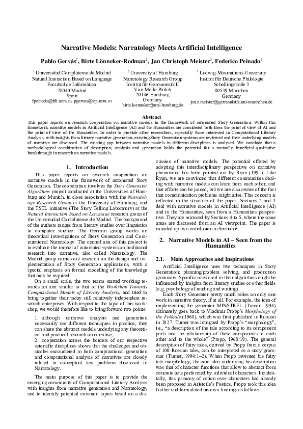 (PDF) Narrative models: Narratology meets artificial intelligence