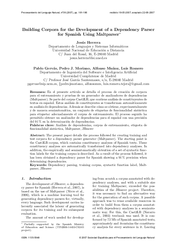 (PDF) Building corpora for the development of a dependency parser for Spanish using MaltParser