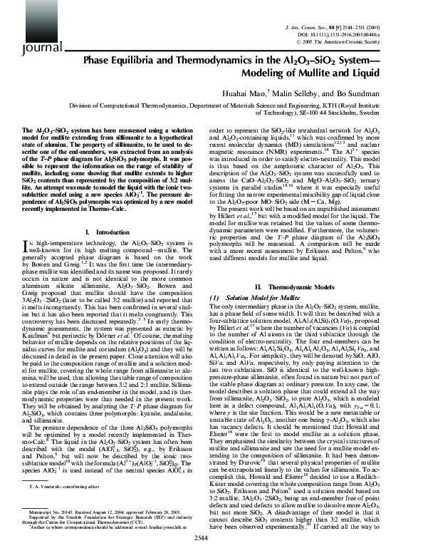 (PDF) Phase Equilibria and Thermodynamics in the Al2O3-SiO2 System-Modeling of Mullite and Liquid