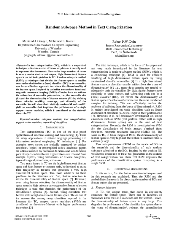 (PDF) Random subspace method in text categorization