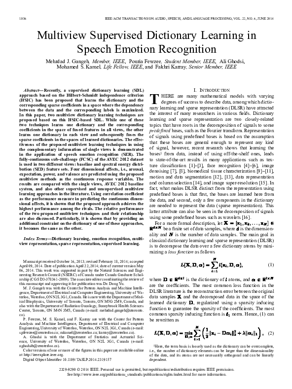 (PDF) Multiview Supervised Dictionary Learning in Speech Emotion Recognition