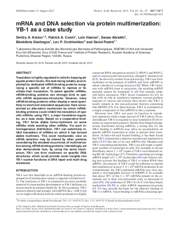 (PDF) mRNA and DNA selection via protein multimerization: YB-1 as a ...