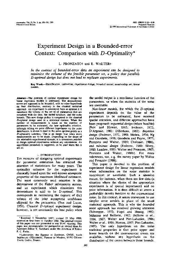 Pdf Experiment Design In A Bounded Error Context Comparison With D Optimality