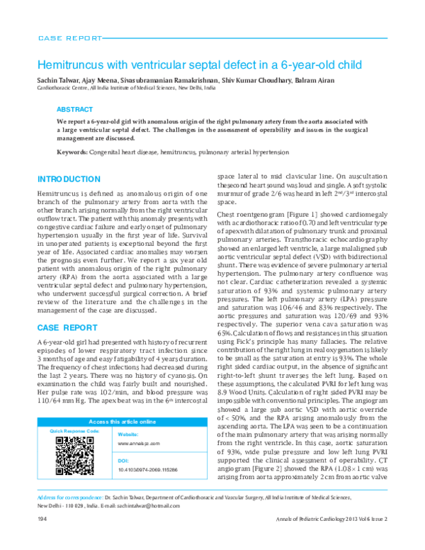 (PDF) Hemitruncus with ventricular septal defect in a 6-year-old child