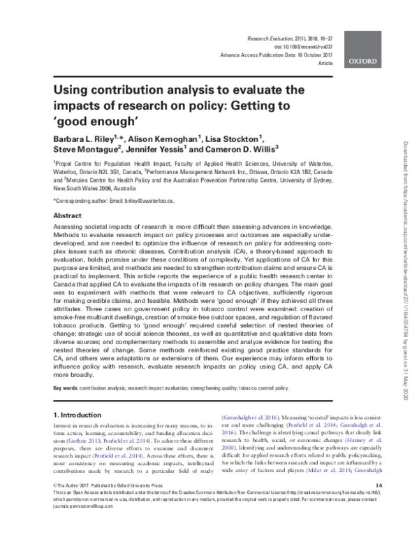 (PDF) Using contribution analysis to evaluate the impacts of research on policy: Getting to ...