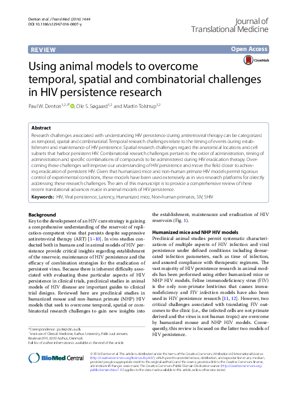 (PDF) Using animal models to overcome temporal, spatial and combinatorial challenges in HIV ...