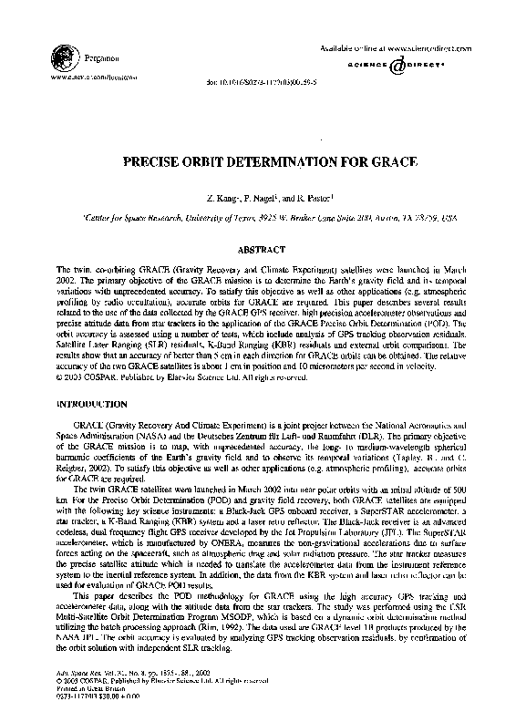 Pdf Precise Orbit Determination For Grace