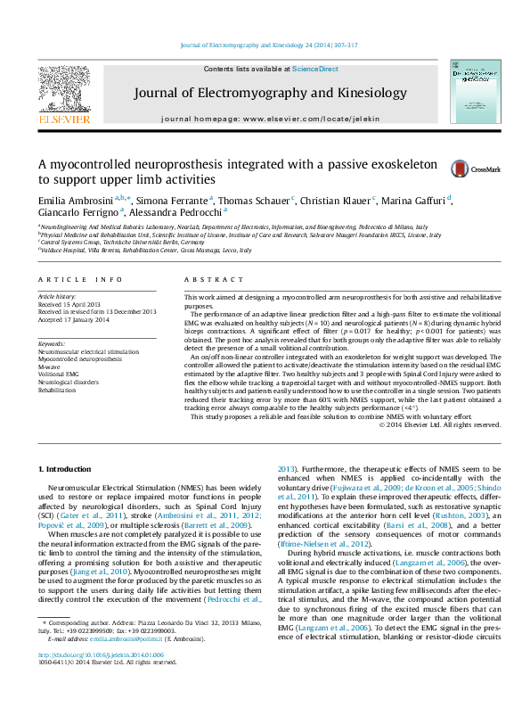 (PDF) A myocontrolled neuroprosthesis integrated with a passive ...