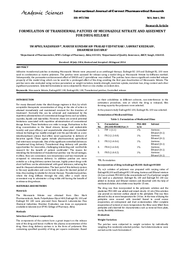 (PDF) Formulation of Transdermal Patches of Miconazole Nitrate and ...