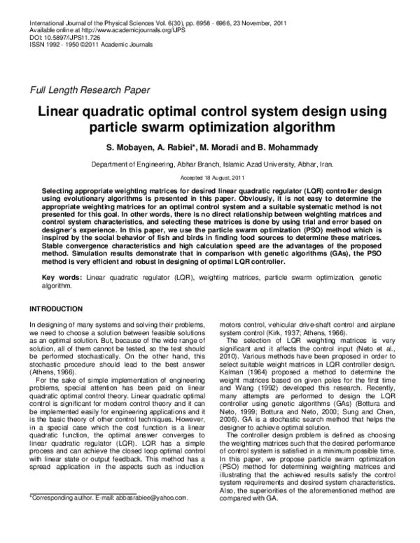 (PDF) Linear quadratic optimal control system design using particle ...