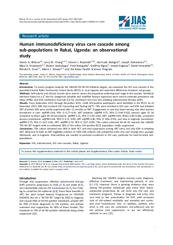 (PDF) Human immunodeficiency virus care cascade among sub-populations ...