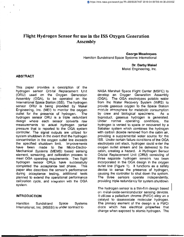 (PDF) Flight Hydrogen Sensor for Use in the ISS Oxygen Generation Assembly