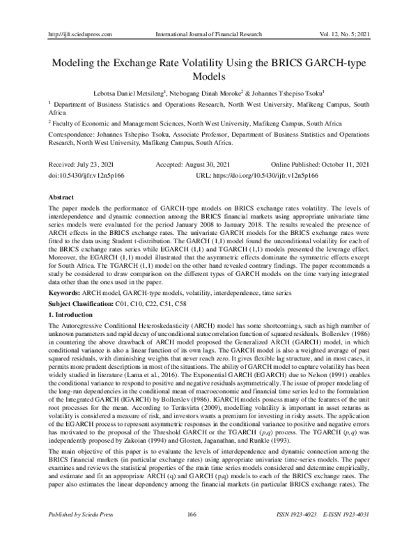 (PDF) Modeling the Exchange Rate Volatility Using the BRICS GARCH-type Models