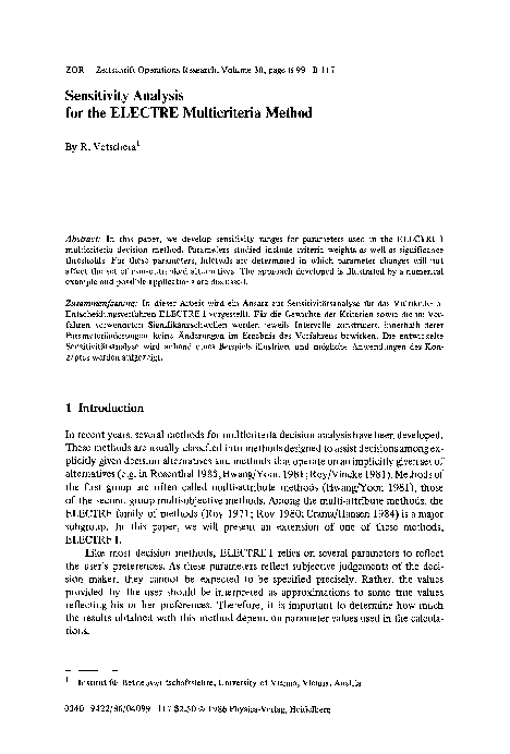 (PDF) Sensitivity analysis for the ELECTRE multicriteria method