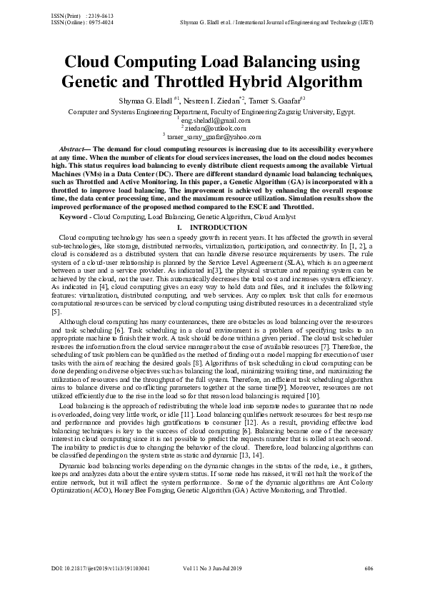 (PDF) Cloud Computing Load Balancing using Genetic and Throttled Hybrid Algorithm