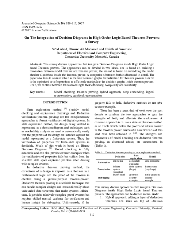 Pdf On The Integration Of Decision Diagrams In High Order Logic Based Theorem Proversa Survey