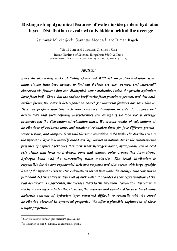 (PDF) Distinguishing dynamical features of water inside protein ...