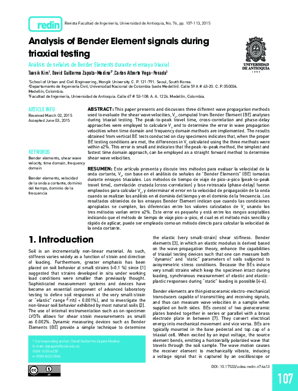 (PDF) Analysis of Bender Element signals during triaxial testing ...