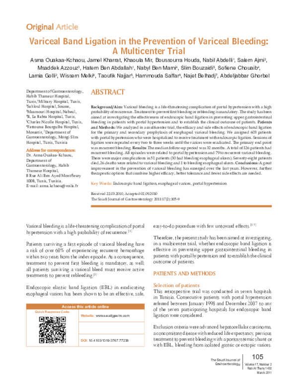 (PDF) Variceal band ligation in the prevention of variceal bleeding: A ...