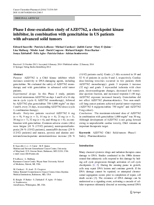 (PDF) Phase I dose-escalation study of AZD7762, a checkpoint kinase ...