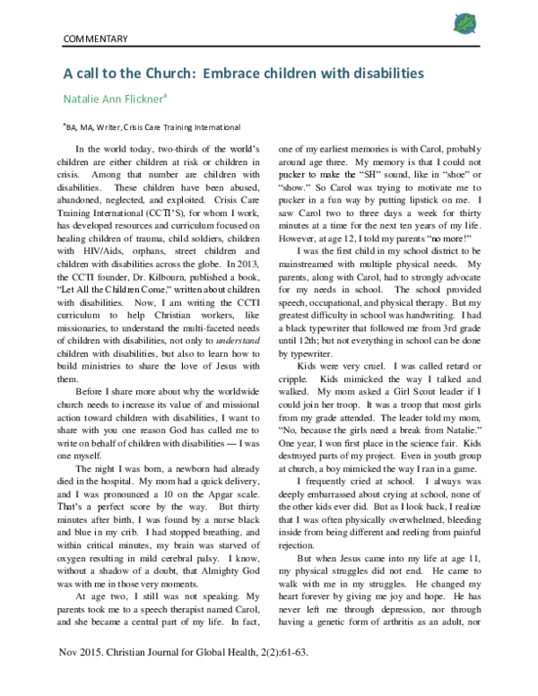 (PDF) A call to the Church: Embrace children with disabilities