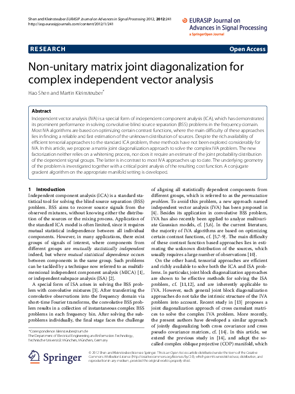 (PDF) Non-unitary matrix joint diagonalization for complex independent vector analysis