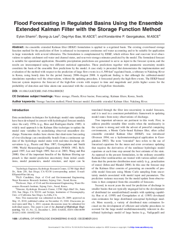 Pdf Flood Forecasting In Regulated Basins Using The Ensemble Extended Kalman Filter With The