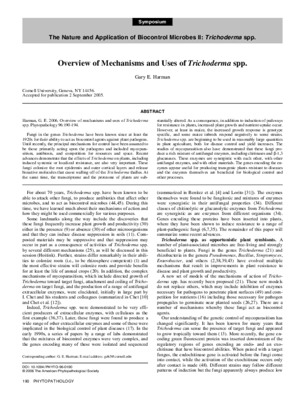 (PDF) Overview of Mechanisms and Uses of Trichoderma spp