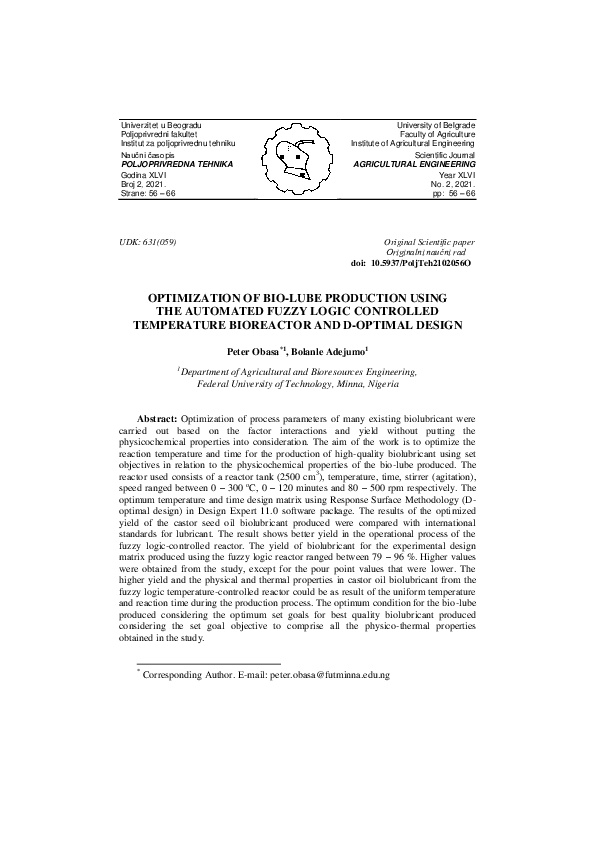 Pdf Optimization Of Bio Lube Production Using The Automated Fuzzy Logic Controlled Temperature