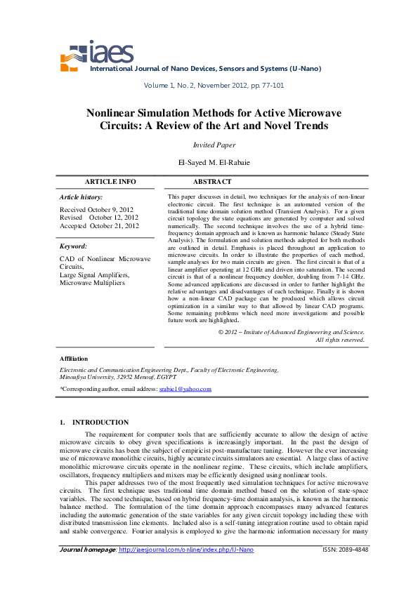 Pdf Nonlinear Simulation Methods For Active Microwave Circuits A