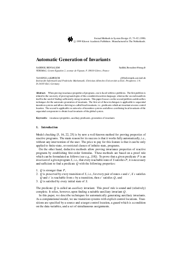(PDF) Automatic generation of invariants
