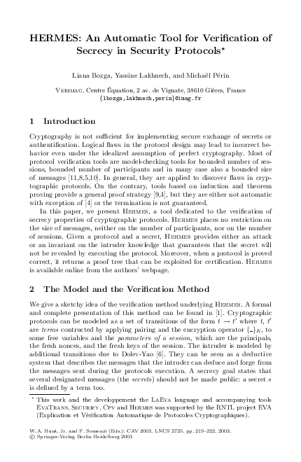 (PDF) HERMES: An Automatic Tool for Verification of Secrecy in Security Protocols