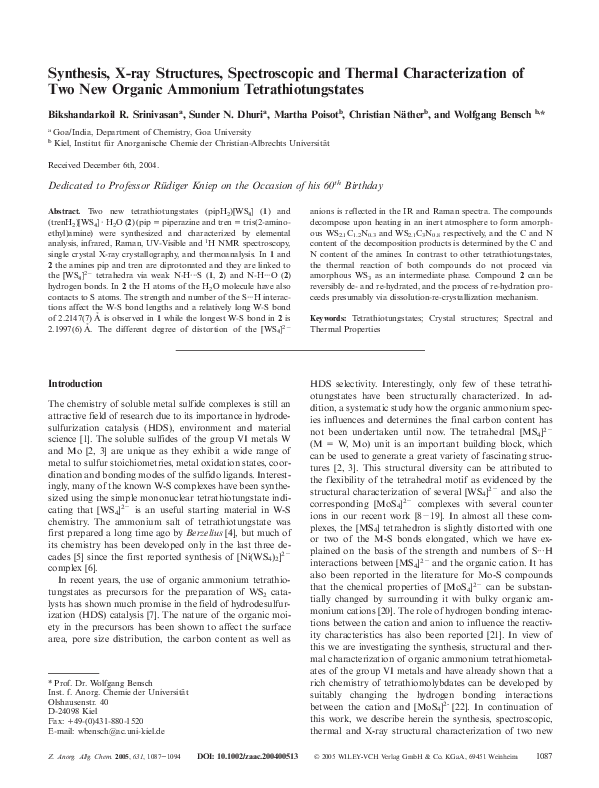(PDF) Synthesis, X‐ray Structures, Spectroscopic and Thermal Characterization of Two New Organic ...