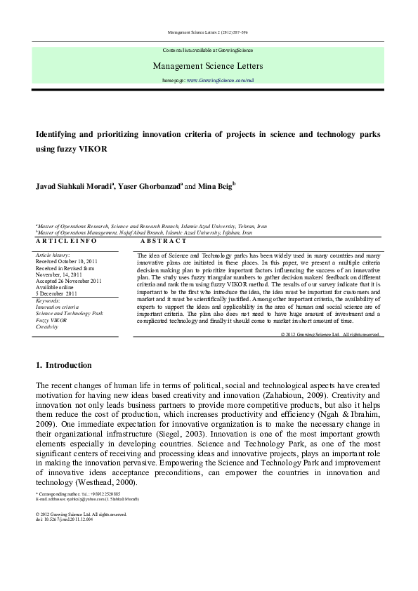 Pdf Identifying And Prioritizing Innovation Criteria Of Projects In Science And Technology