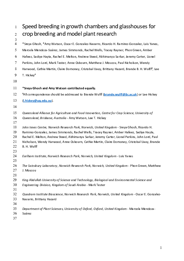 (PDF) Speed breeding in growth chambers and glasshouses for crop ...
