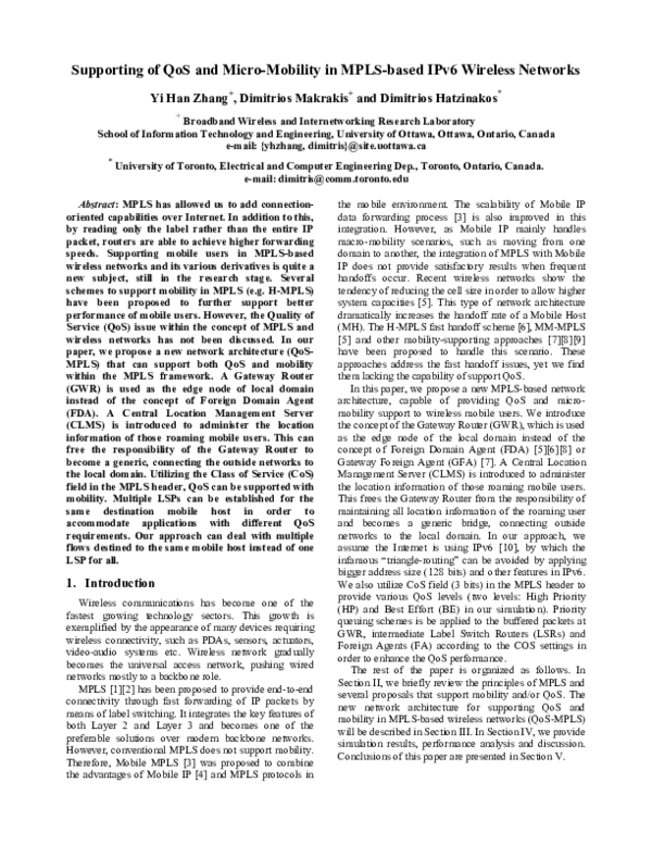 Pdf Supporting Of Qos And Micro Mobility In Mpls Based Ipv6 Wireless